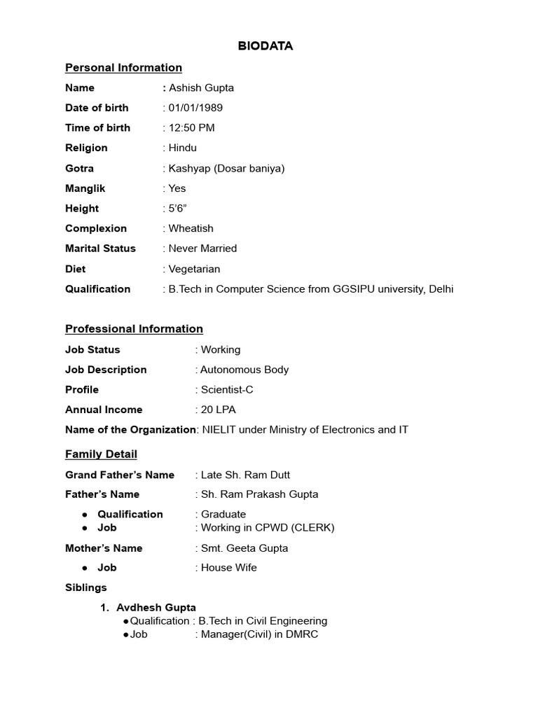 Ashish Biodata | PDF