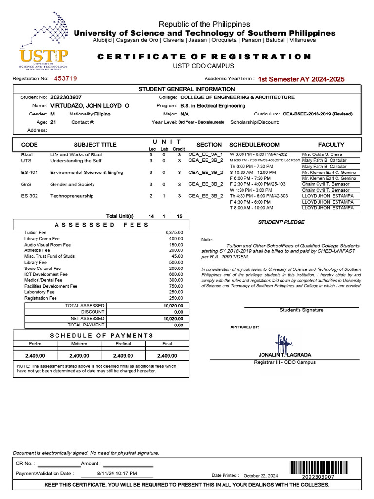 USTP CDO Student Registration 2024 | PDF | Fee
