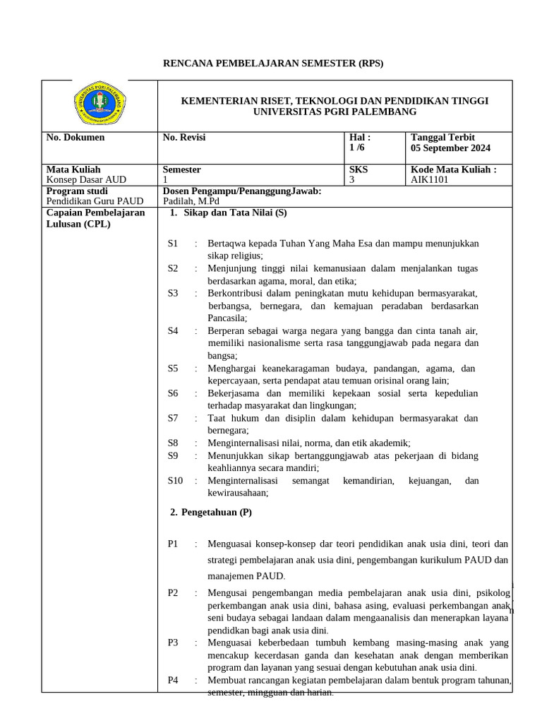 RPS Konsep Dasar Paud | PDF