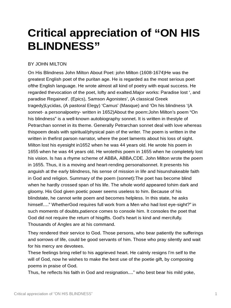 Critical Appreciation of ON HIS BLINDNESS | PDF | Poetry | John Milton