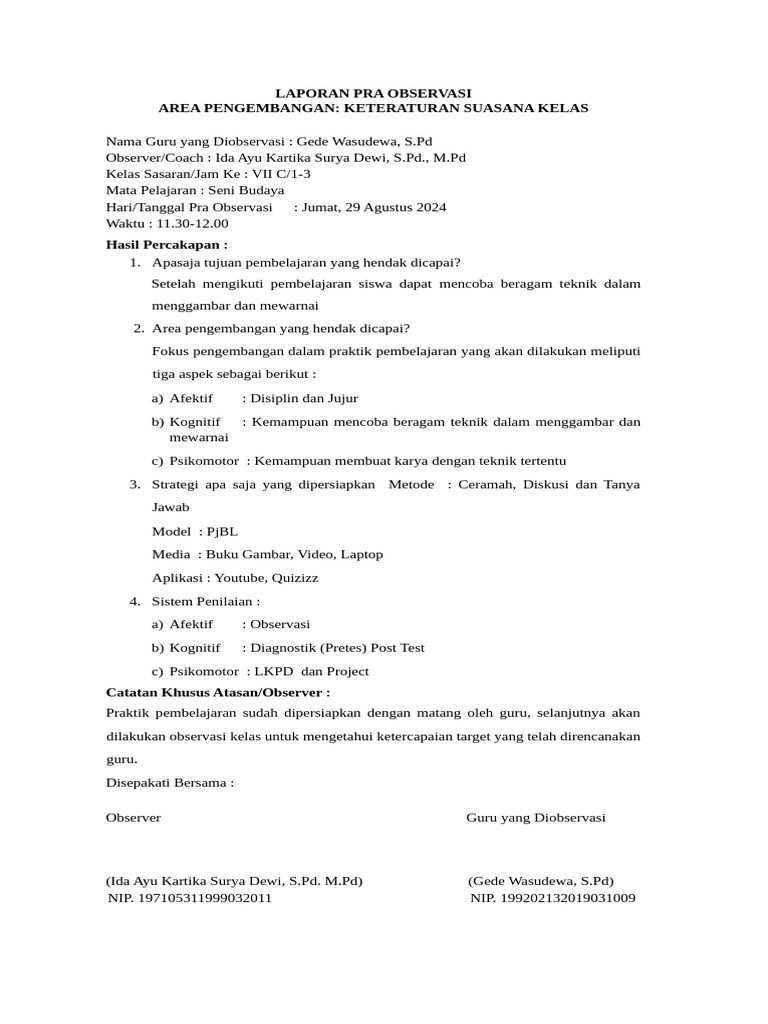 Contoh Laporan Observasi Area Pengembangan Keteraturan Suasana Kelas | PDF