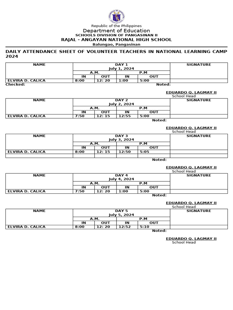 NLC Daily Attendance Sheet | PDF | Philippines | Government Related Organizations