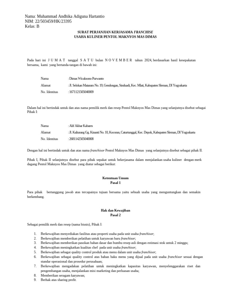 Tugas Kontrak Franchise | PDF | Pengelolaan Keuangan & Uang