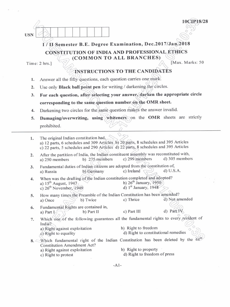 VTU Question Paper of 10CIP18-28 Constitution of India - Professional ...