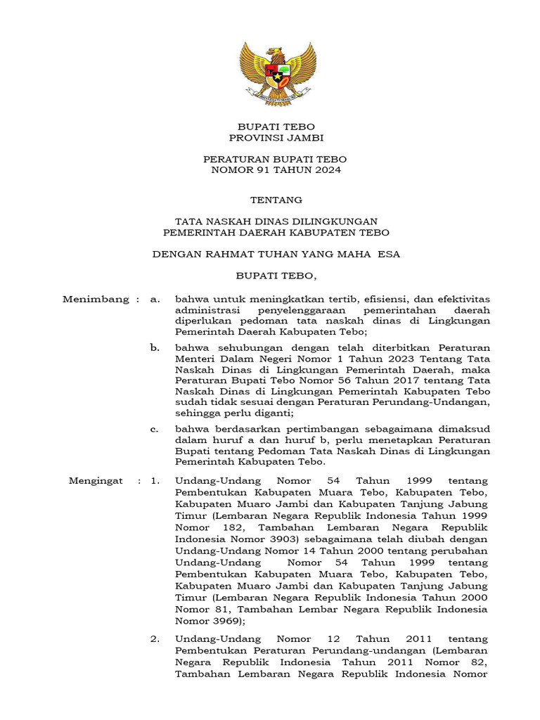 Perbup Nomor 91 Tahun 2024 Tentang Tata Naskah Dinas Di Lingkungan Pemerintah Daerah Kabupaten ...