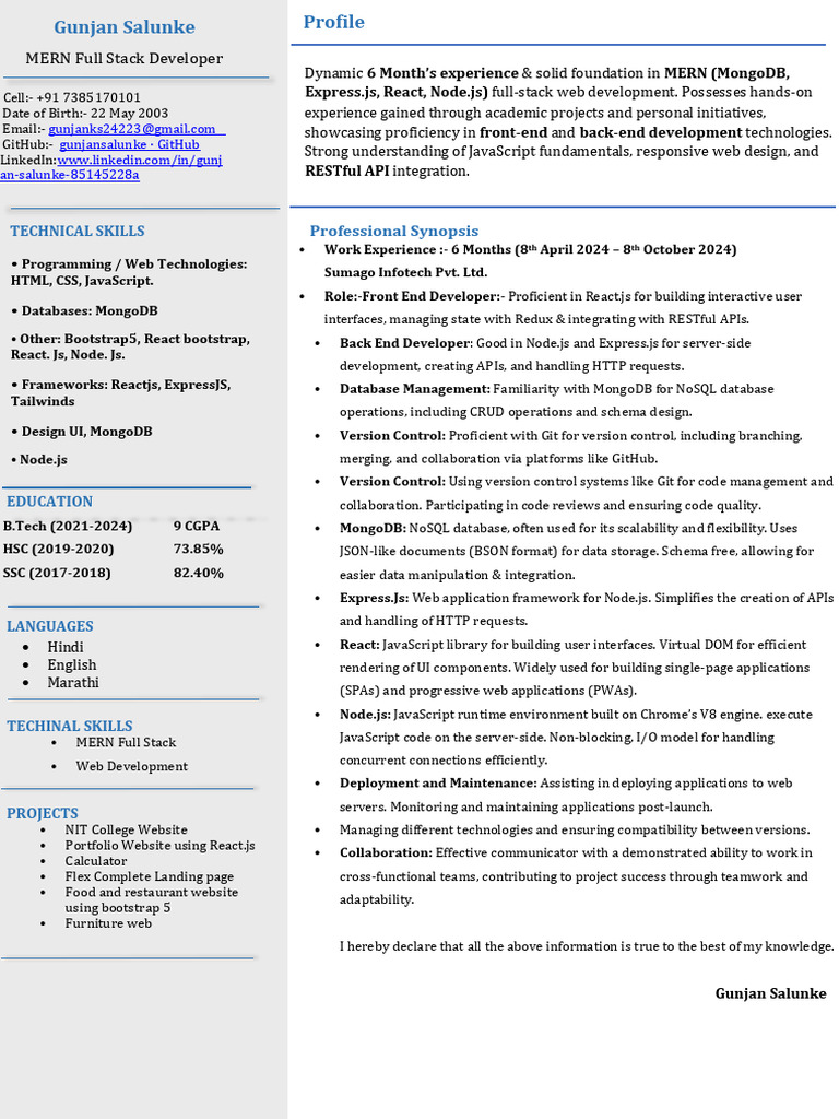 Gunjan Resume | PDF | Java Script | Web Development