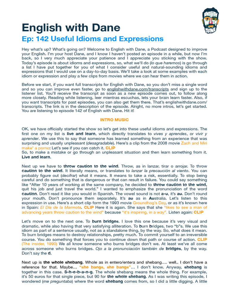 English With Dane 142 Useful Idioms Expressions TRANSCRIPT | PDF | Language Arts & Discipline | Art