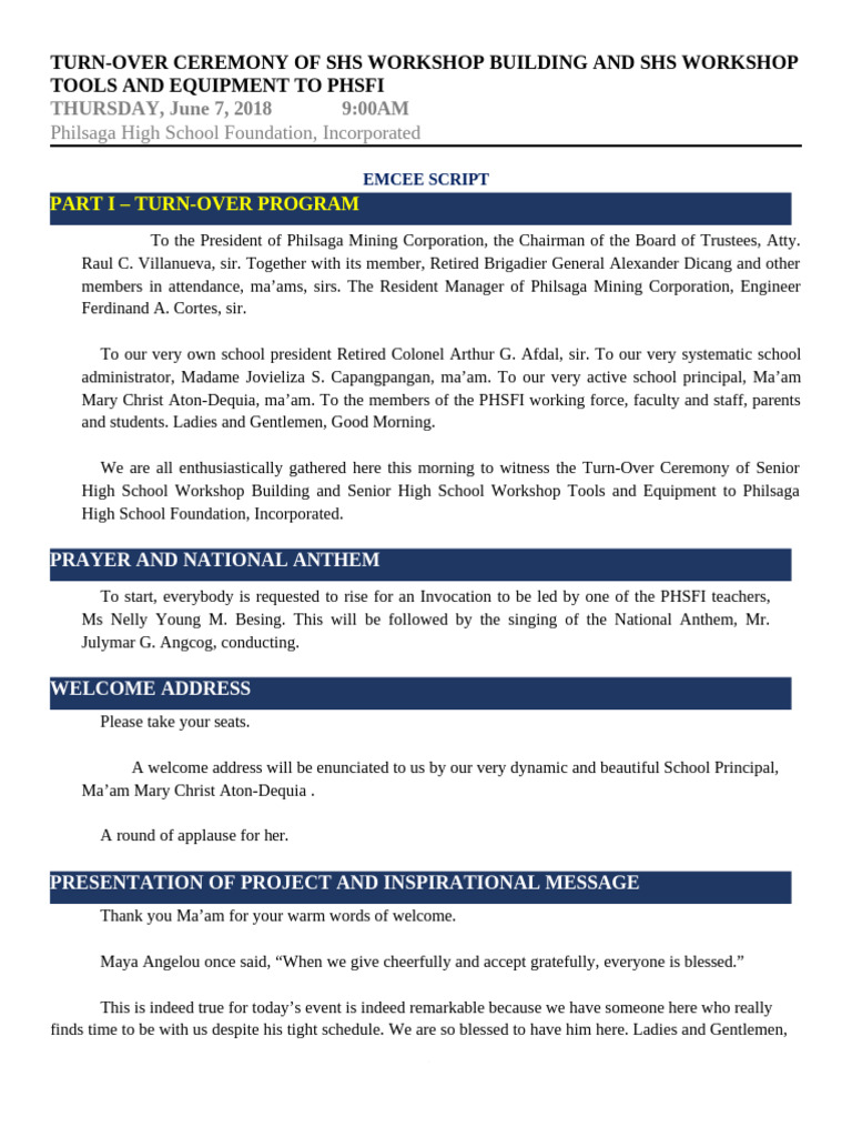 Emcee Script Turn Over Ceremony | PDF | Lifestyle