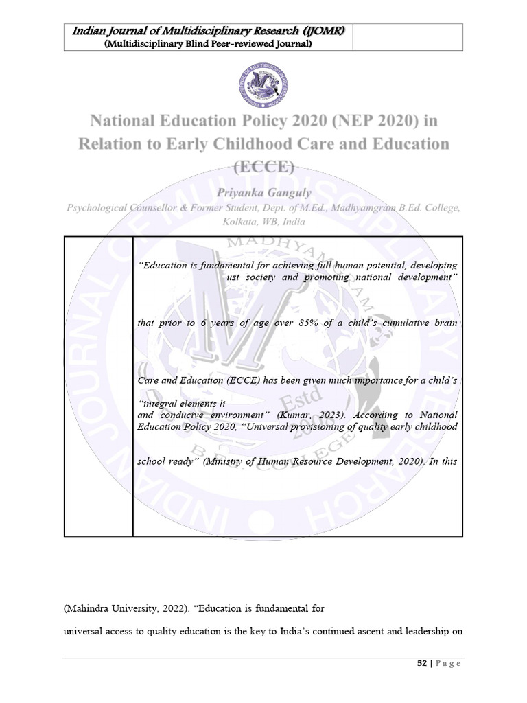 National Education Policy 2020 (NEP 2020) in Relation To Early ...