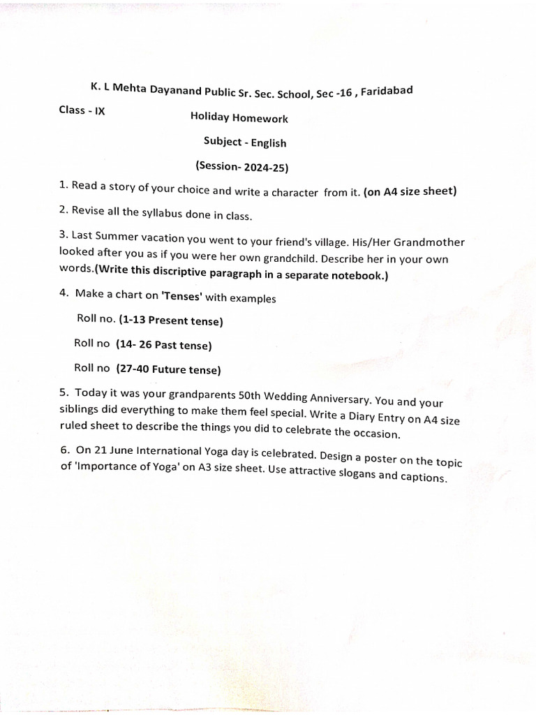 Class 9 Holiday Homework | PDF