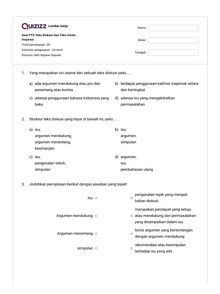 Soal PTS Teks Diskusi Dan Teks Cerita Inspirasi - Quizizz | PDF