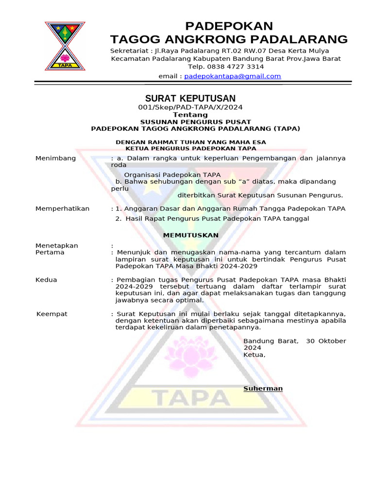 Susunan Pengurus Tapa | PDF