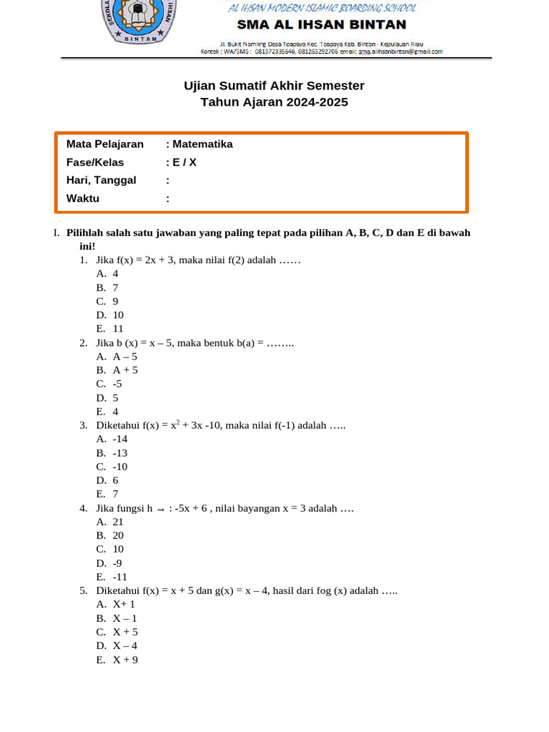 11-Sumatif Akhir Semester MTK 2024 | PDF