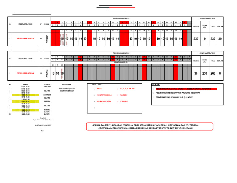 Draft Contoh Jadwal Pelatihan - BLKK Ta. 2024 | PDF