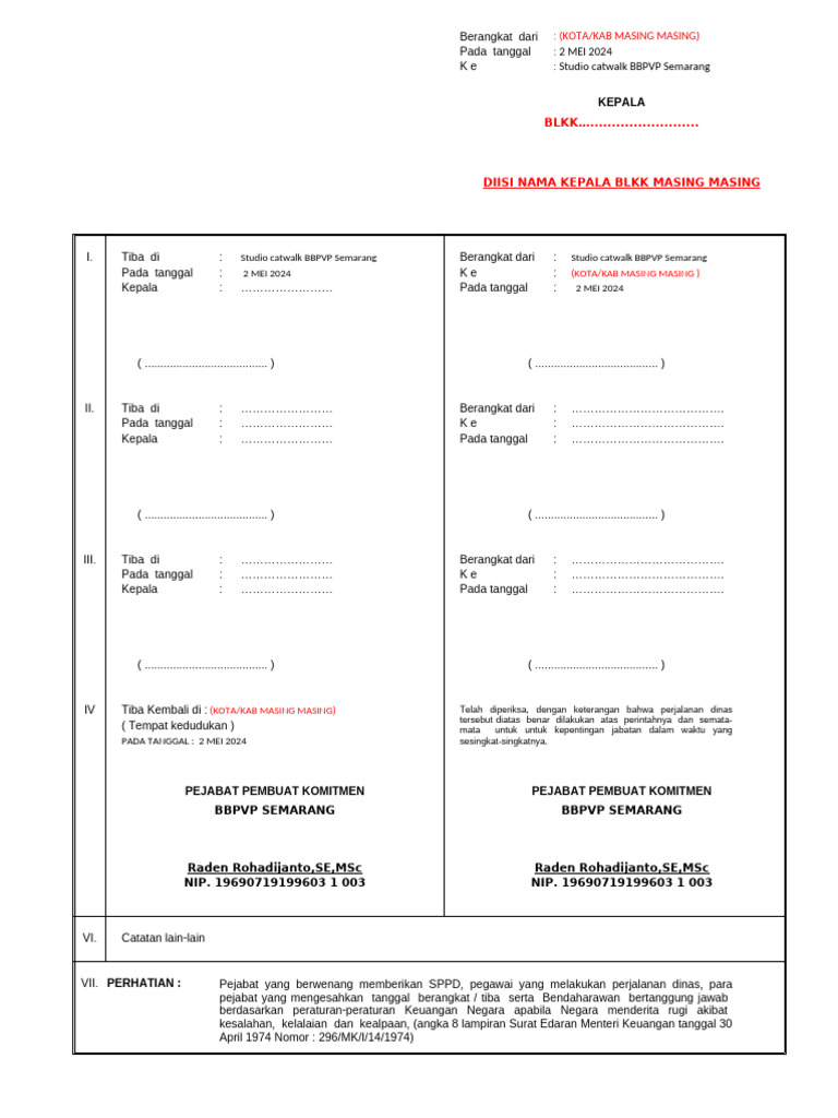 Format SPPD BLKK 2 Mei 2024 Studio Catwalk BBPVP Semarang | PDF