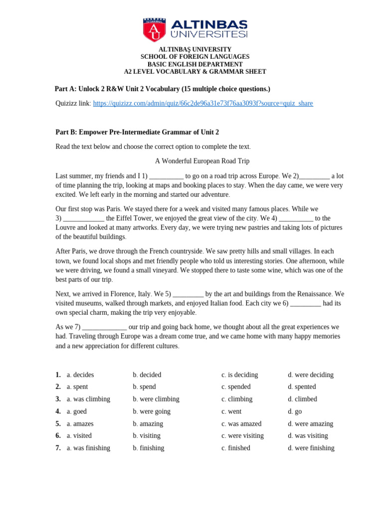 A2 Level Vocabulary & Grammar Sheet | PDF | Language Arts & Discipline