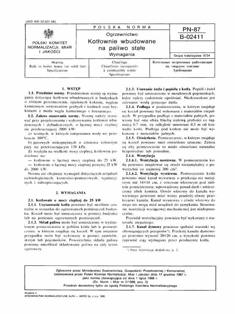 PN-B-02411 - 1987P Ogrzewnictwo. Kotłownie Wbudowane Na Paliwo Stałe ...