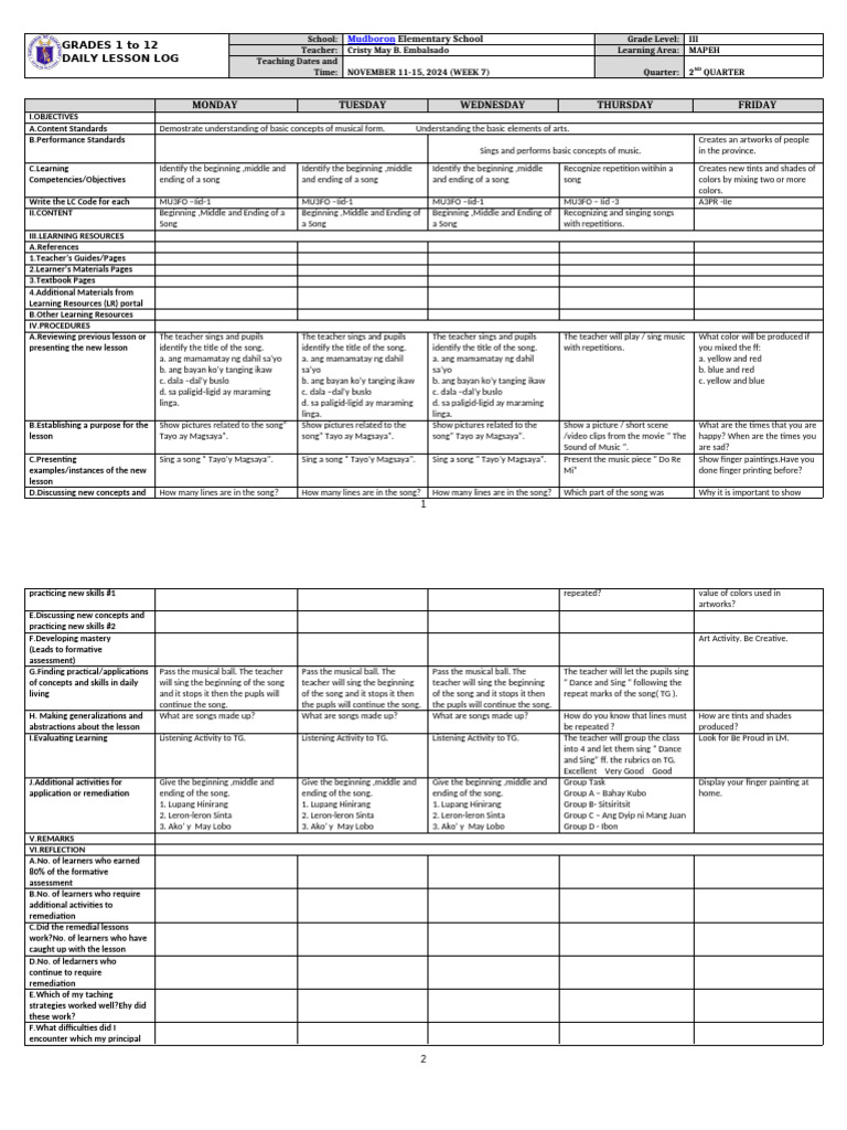 DLL_MAPEH 3_Q2_W7 | PDF | Teachers | Human Communication
