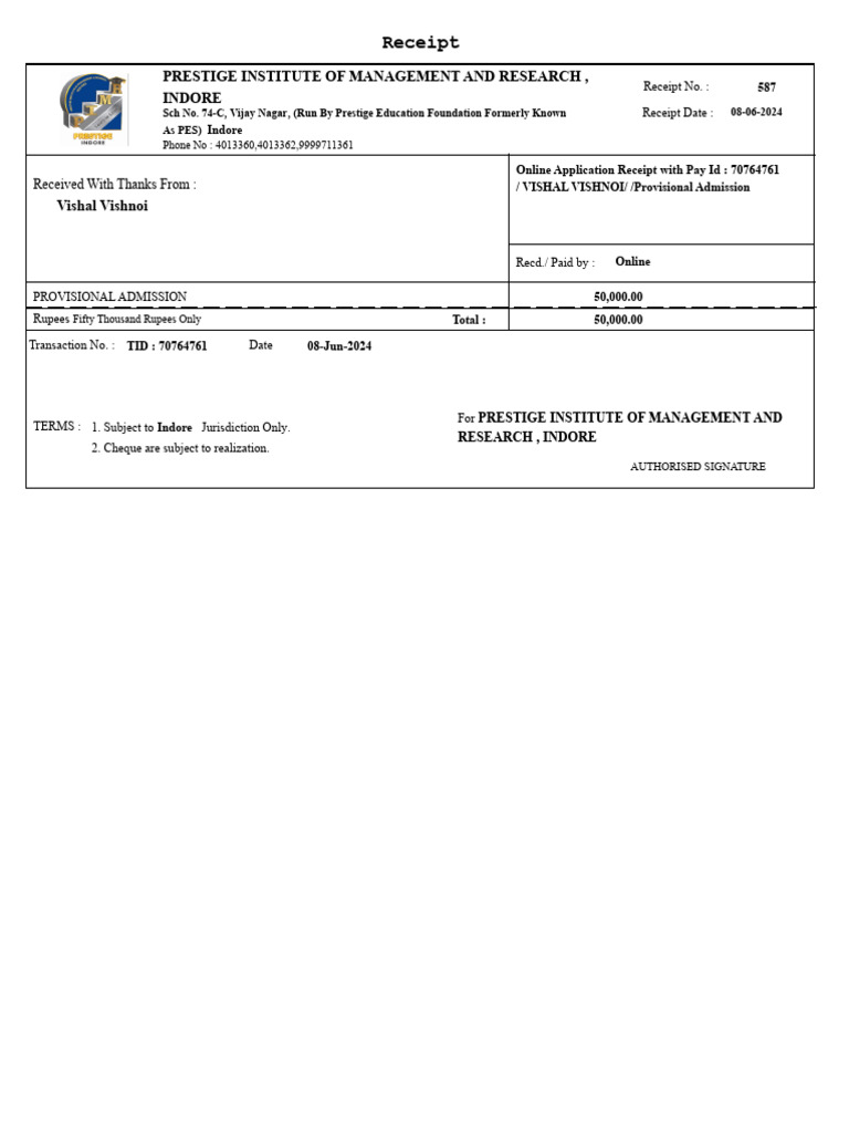 Provisional Admission Receipt for Vishal Vishnoi | PDF