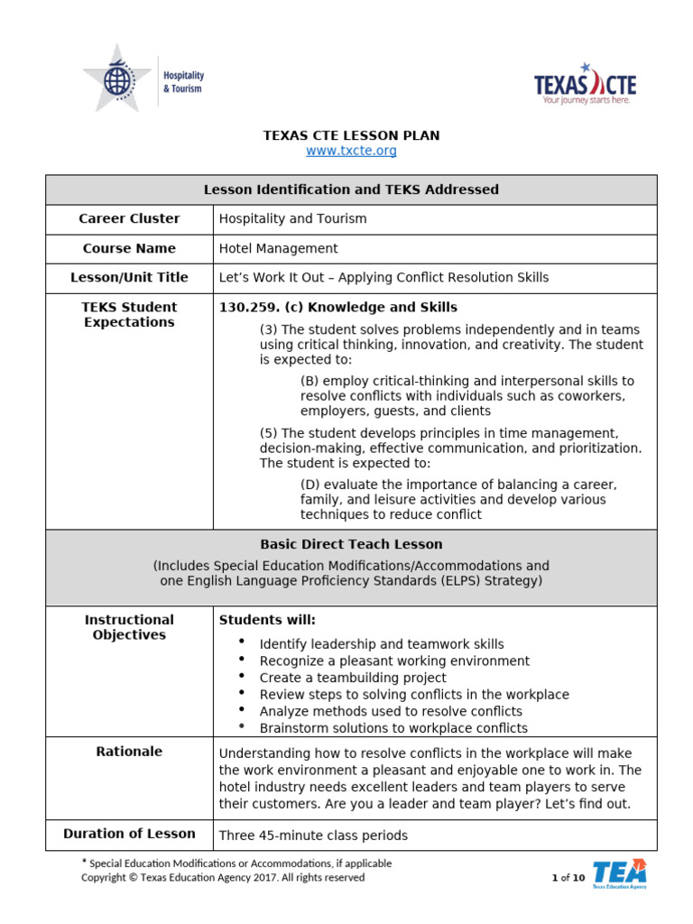 Lesson Plan Let's Work It Out - Applying Conflict Resolution Skills ...