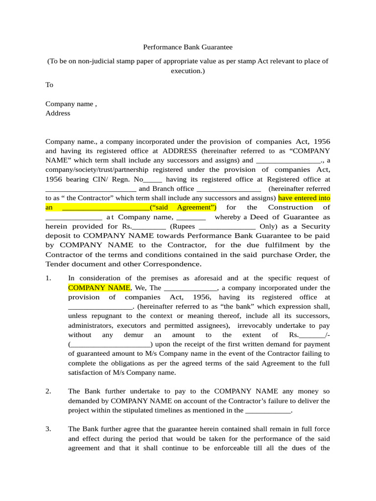 Performance Bank Guarantee Template | PDF | Guarantee | Civil Law ...