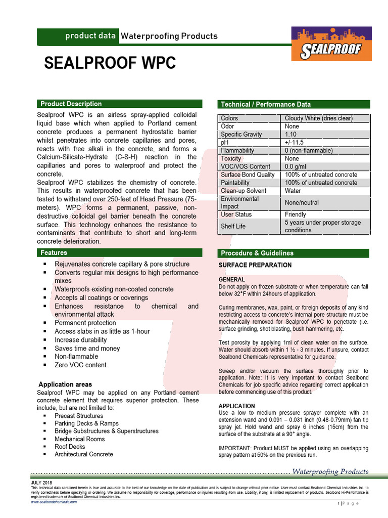 SEALPROOF WPC Product Techinical Info | PDF | Concrete | Water