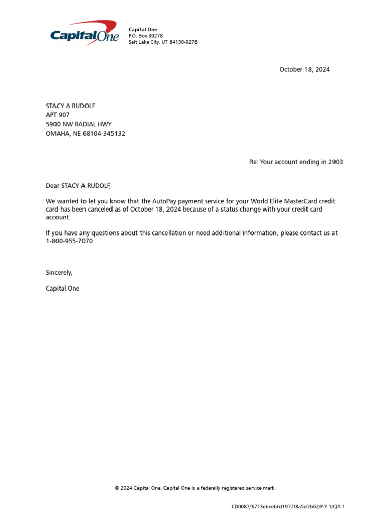 Capital One AutoPay Cancellation Notice | PDF