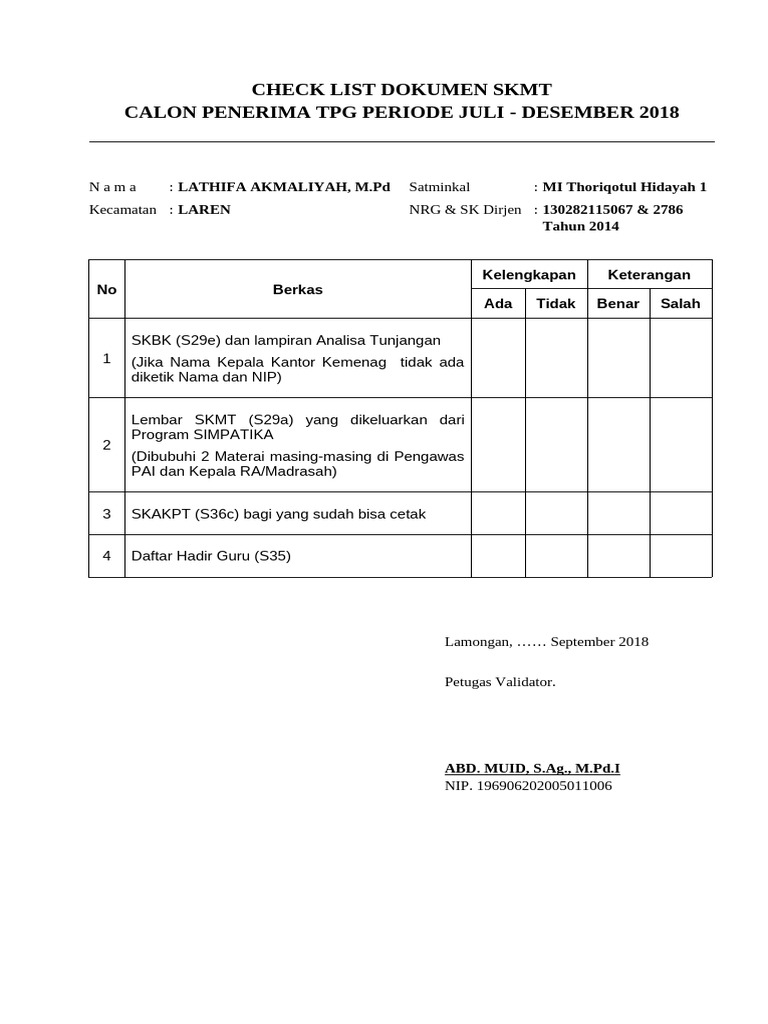 Checklist SKMT TPG Juli-Desember 2018 | PDF