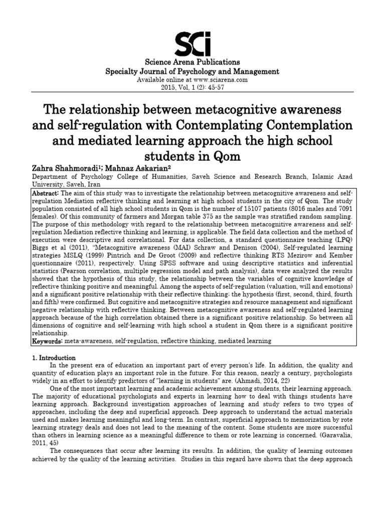 The Relationship Between Metacognitive Awareness And Self Regulation With Contemplating