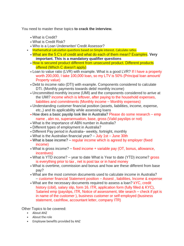 Essential Credit Interview Prep Guide | PDF | Loans | Loan To Value Ratio