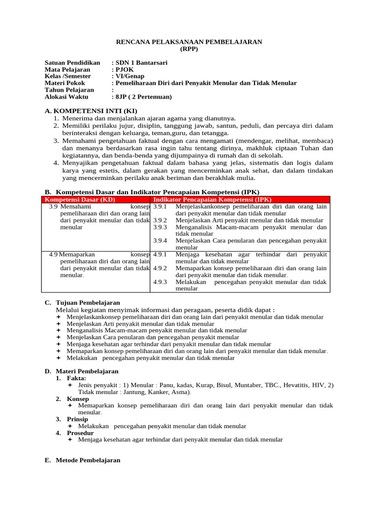 RPP. KD 3.9 Pemeliharaan Diri Dari Penyakit Menular Dan Tid | PDF | Pengembangan Diri | Sains ...