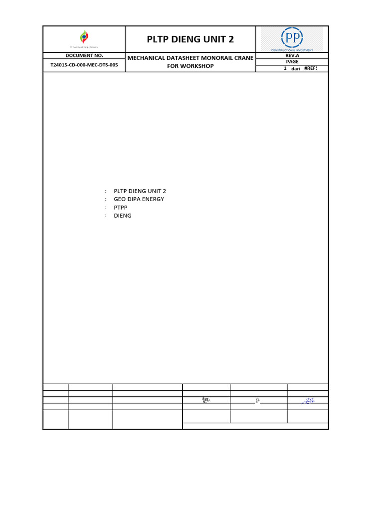 Monorail Crane Datasheet for PLTP Dieng | PDF | Technology & Engineering