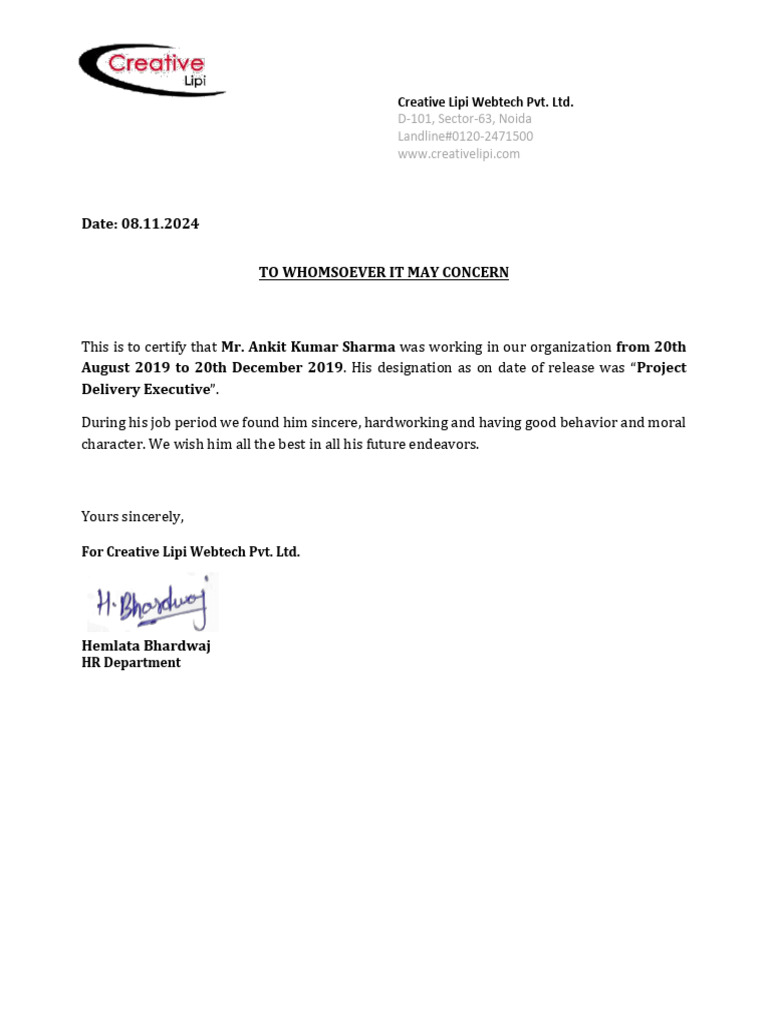 Experience Letter - Ankit Kumar Sharma | PDF