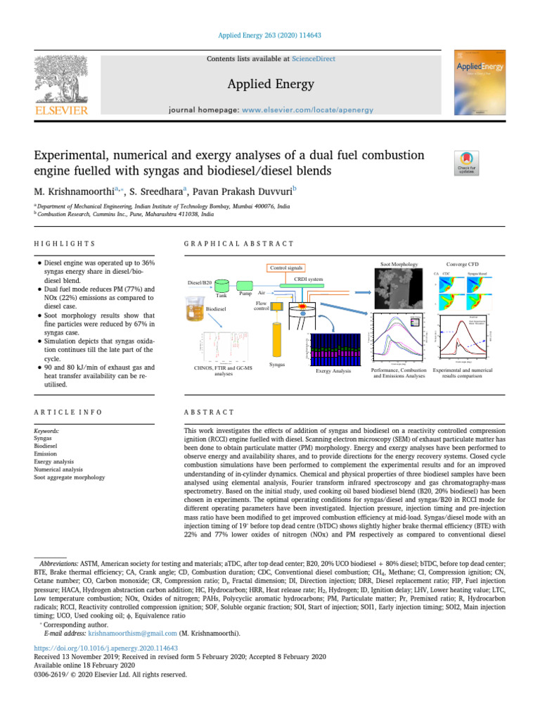 Experimental, Numerical and Exergy Analyses of A Dual Fuel Combustion Engine Fuelled With Syngas ...