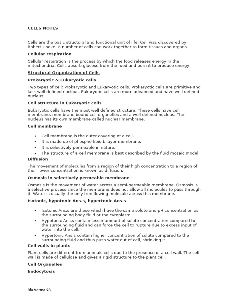 CELLS NOTES | PDF | Cell (Biology) | Cell Membrane