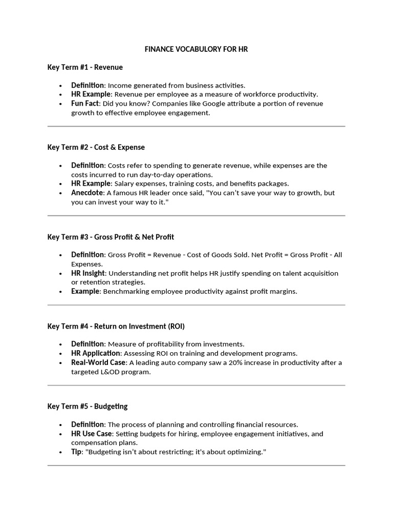 HR Finance Vocabulary Guide | PDF | Expense | Capital Expenditure