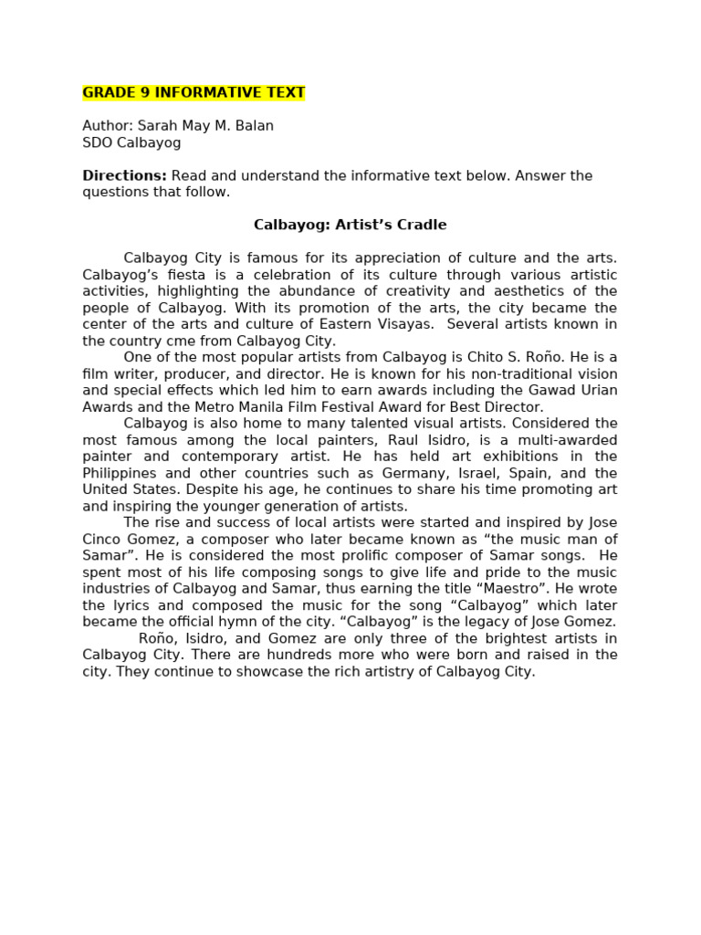 Informative Text - Grade 9 | PDF | The Arts