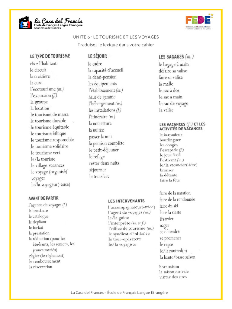 Unité 6 Le Tourisme Et Les Voyages + Trad. | PDF