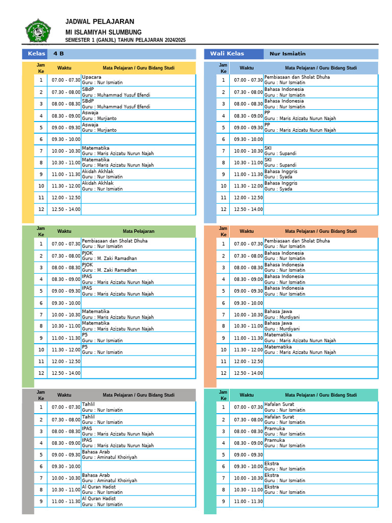 Jadwal - Kelas 4 B | PDF