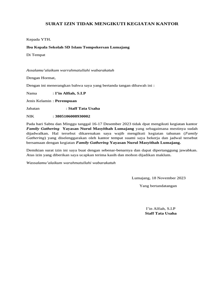 Surat Izin Tidak Mengikuti Kegiatan Kantor | PDF