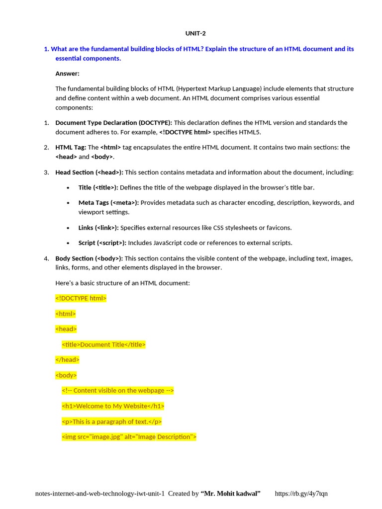 Unit-2 IWT Internet and Web Technology | PDF | Html | Html Element Unit-2 IWT Internet and Web Technology | PDF | Html | Html Element