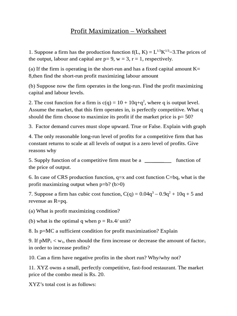 Profit Maximization Strategies Worksheet | PDF