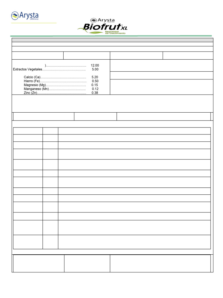 Ficha Técnica de Biofrut® XL | PDF | Calcio | Solubilidad