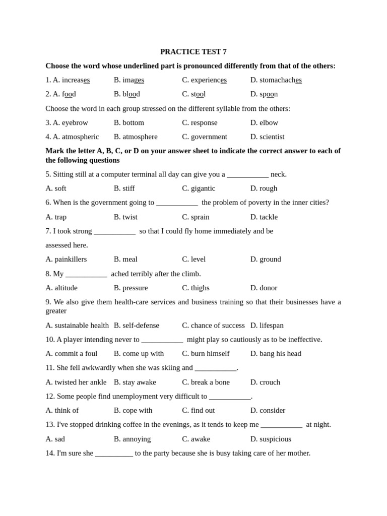 PRACTICE TEST 7 | PDF | Medical Specialties | Diseases And Disorders