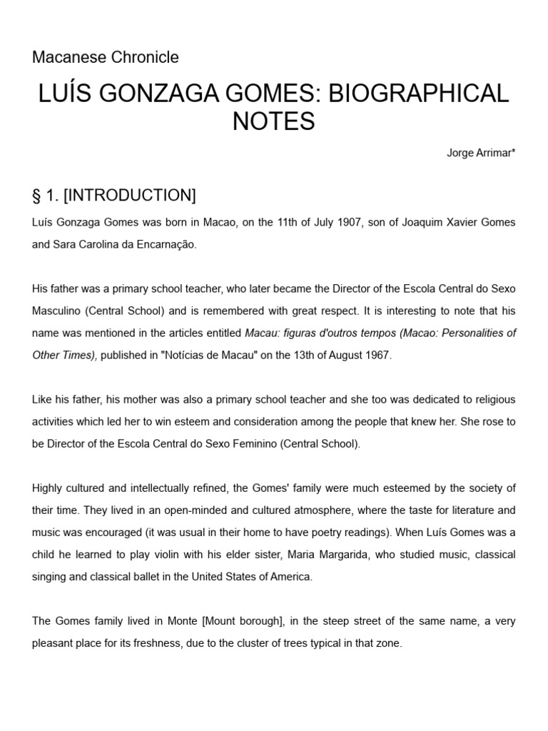 Luis Gonzaga Gomes - Biographic Notes | PDF | Macau