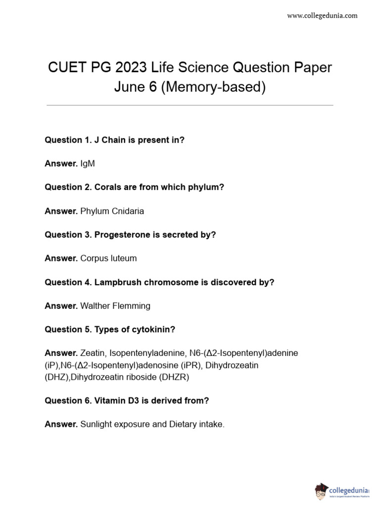 CUET PG 2023 Life Science Q&A | PDF | Self-Improvement | Wellness