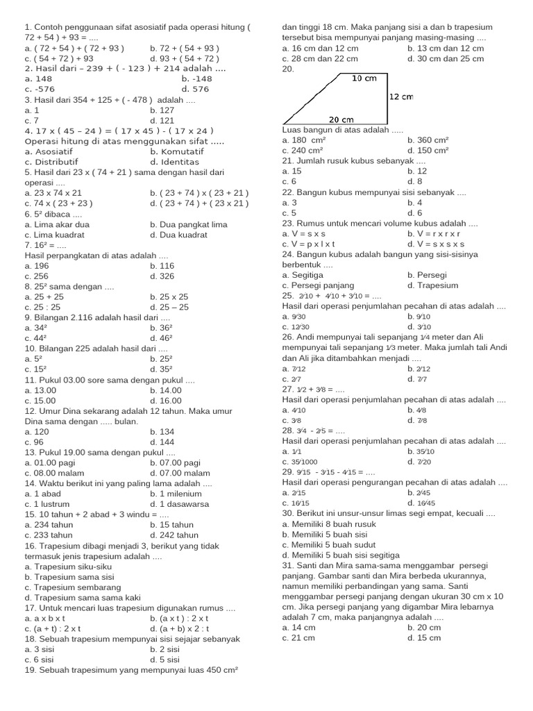 Hasil Dari - 239 + ( - 123) + 214 Adalah .... A. 148 B. - 148 C. - 576 D. 576 | PDF