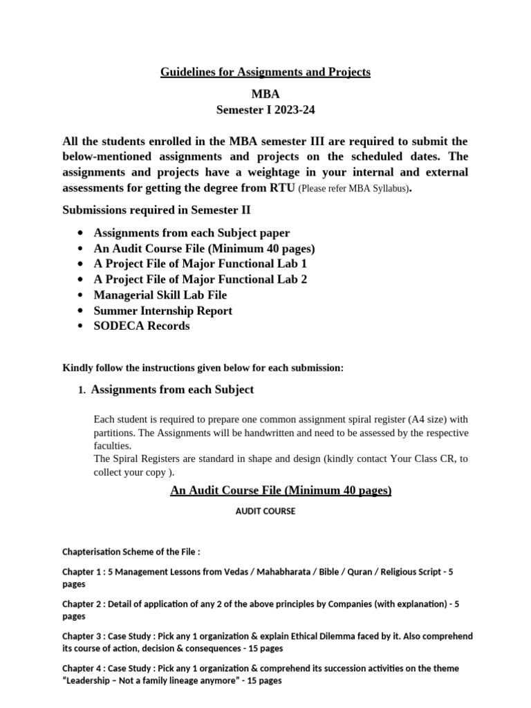 Guidelines For Assignments & Audit Course MBA Sem III | PDF | Master Of ...