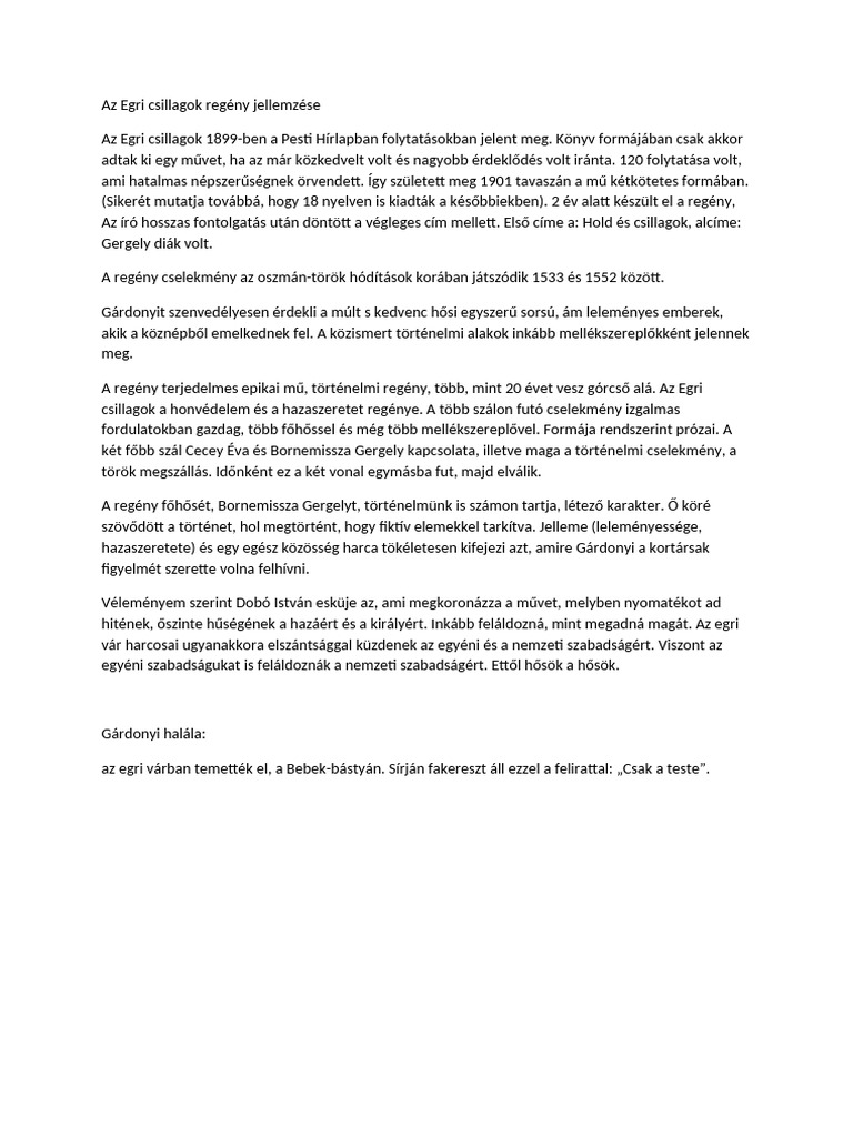 Az Egri Csillagok Regény Jellemzése | PDF