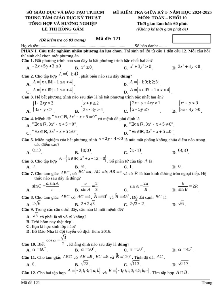 De Giua Hoc Ky 1 Toan 10 Nam 2024 2025 Trung Tam Le Thi Hong Gam TP HCM | PDF
